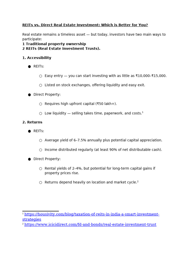 REITs Vs Direct Real Estate | PDF