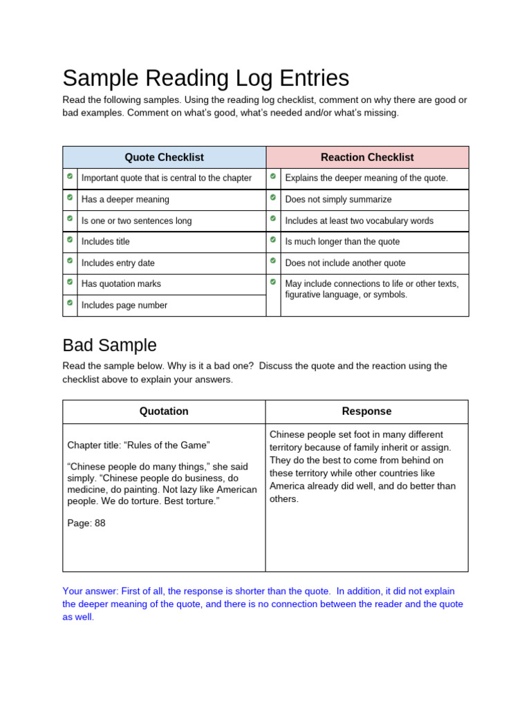 Sample Reading Log Entries | PDF