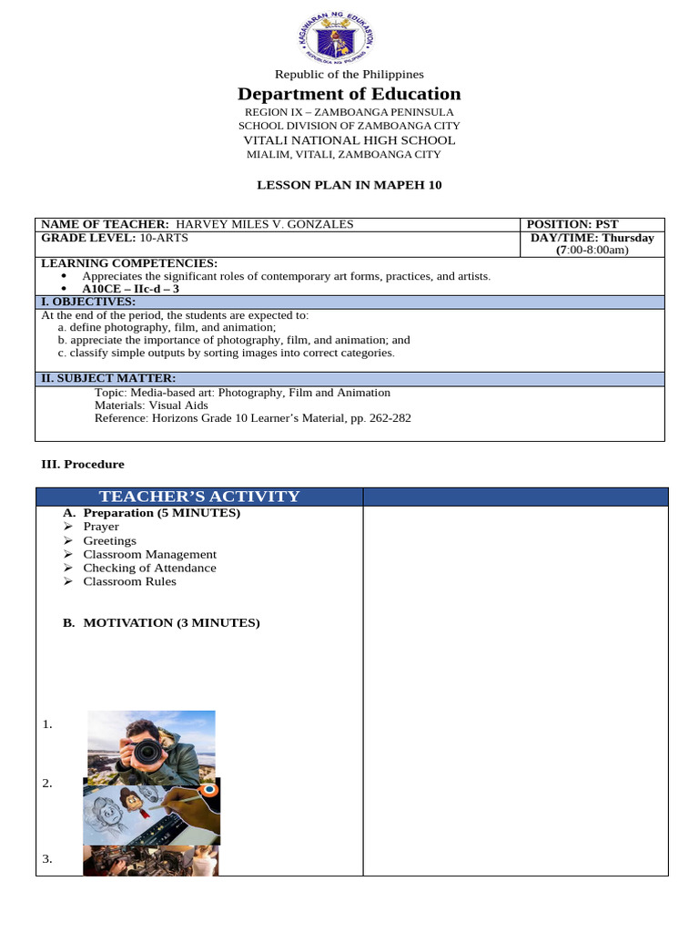 g10 Lesson Plan Co Copy 025205 | PDF | Cinematography | The Arts