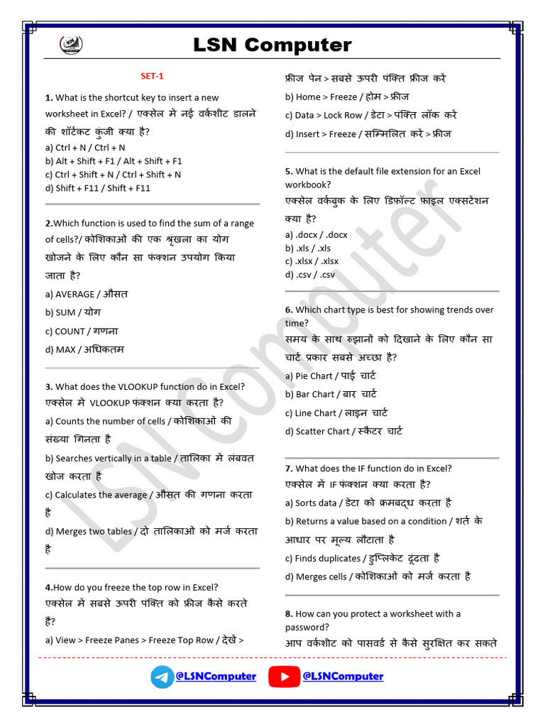 Class 47 MS Office Part 9 EXCEL MCQ | PDF