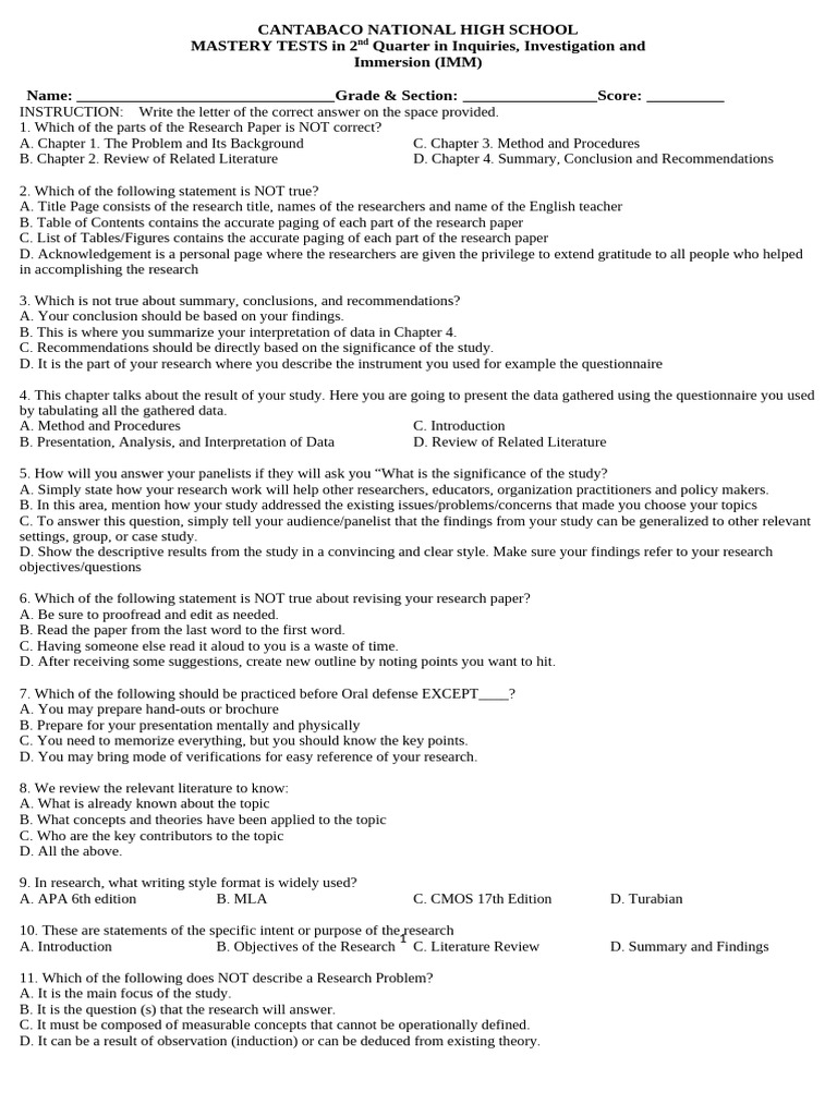 Mastery Test Second-Quarter-Exam-Inquiries-Investigation-And-Immersion ...