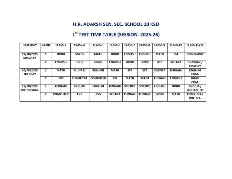 1st Test Time Table3 | PDF