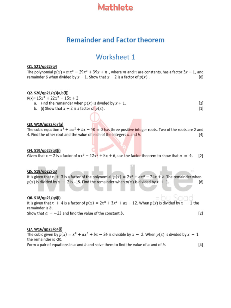 1-Remainder and Factor Theorem Worksheet 1 | PDF | Polynomial | Zero Of ...