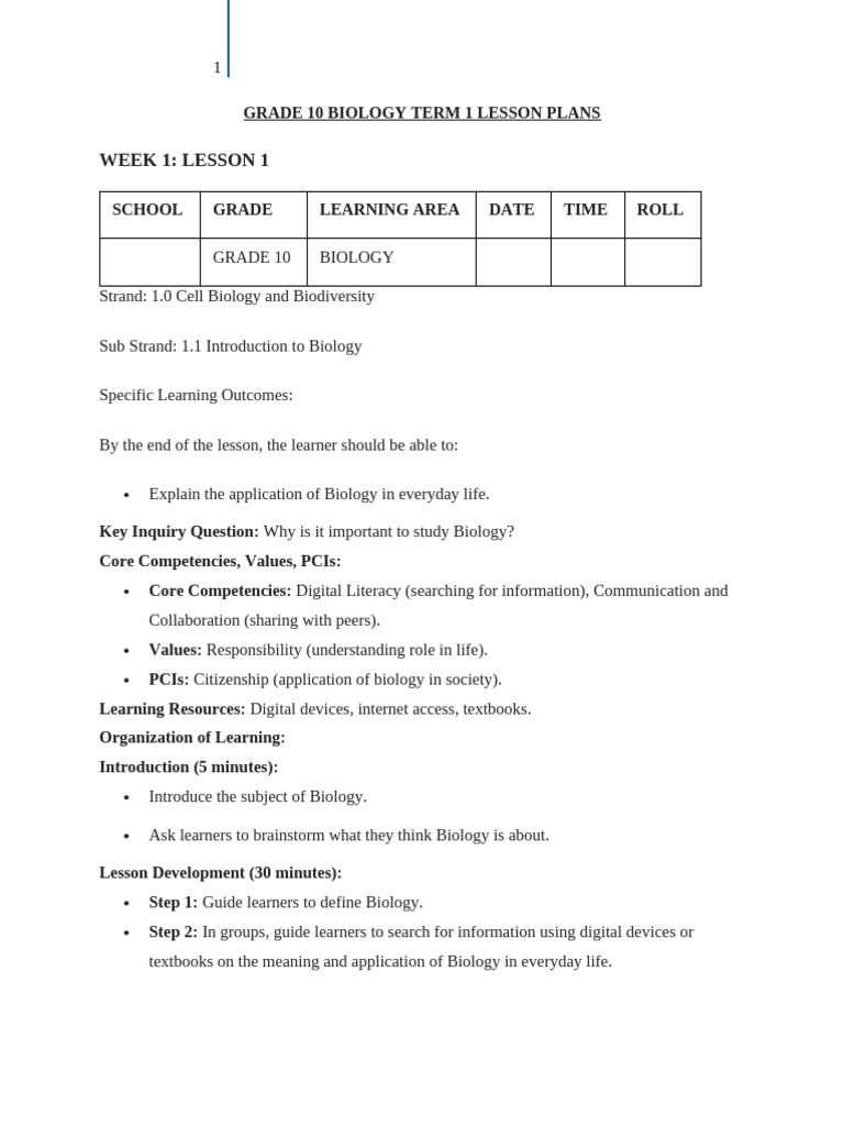 Grade 10 Term 1 Biology Lesson Plans | PDF | Cell (Biology) | Organelle