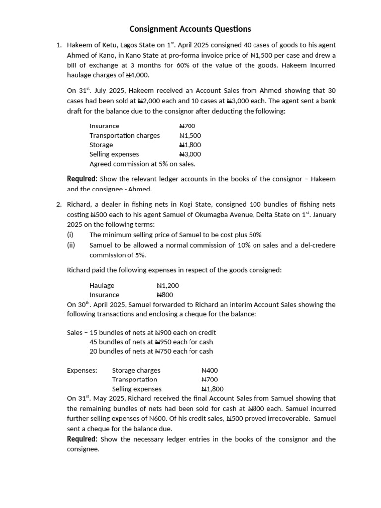 Consignment 2025 - 26 Accounts Questions | PDF