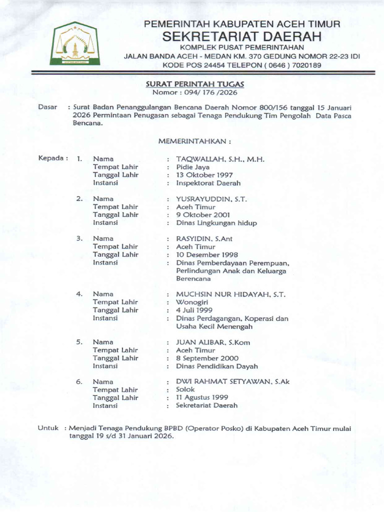 Surat Tugas Tenaga Pendukung BPBD(Operator Posko) | PDF