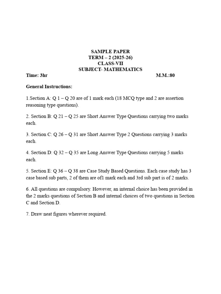Sample Paper 2 Maths Cl-7 | PDF | Euclid | Geometry