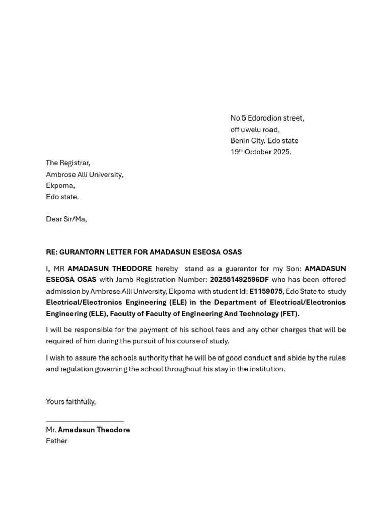 Amadasun Eseosa Osas Guarantors Letter | PDF