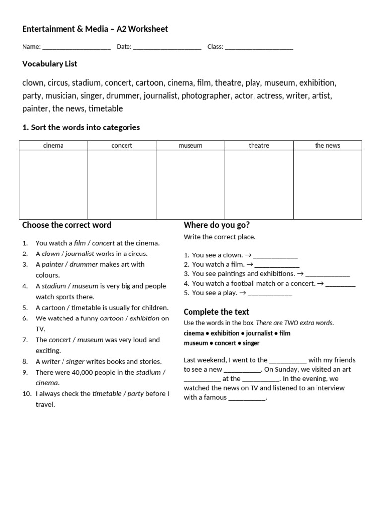 A2 Entertainment and Media Worksheet | PDF | Chess Openings | Chess Theory