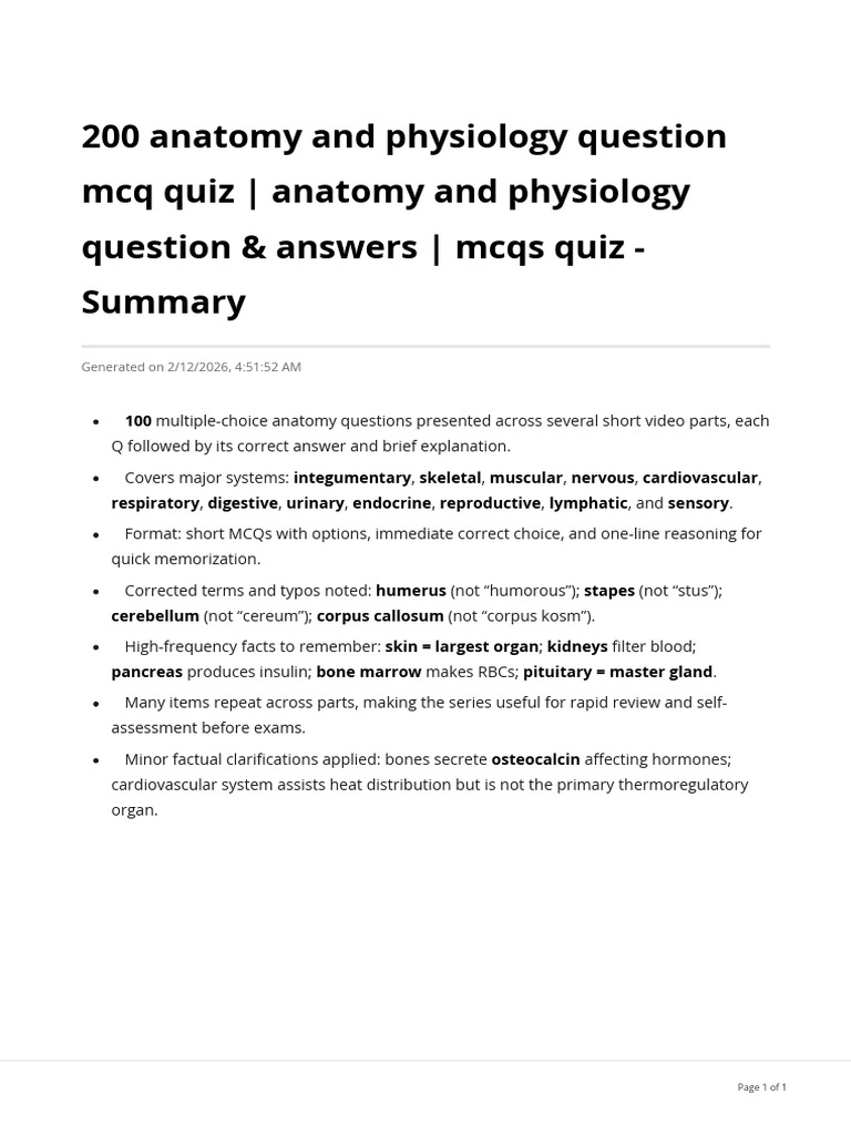 200 Anatomy and Physiology Question Mcq Quiz Ana 2026-02-12 | PDF