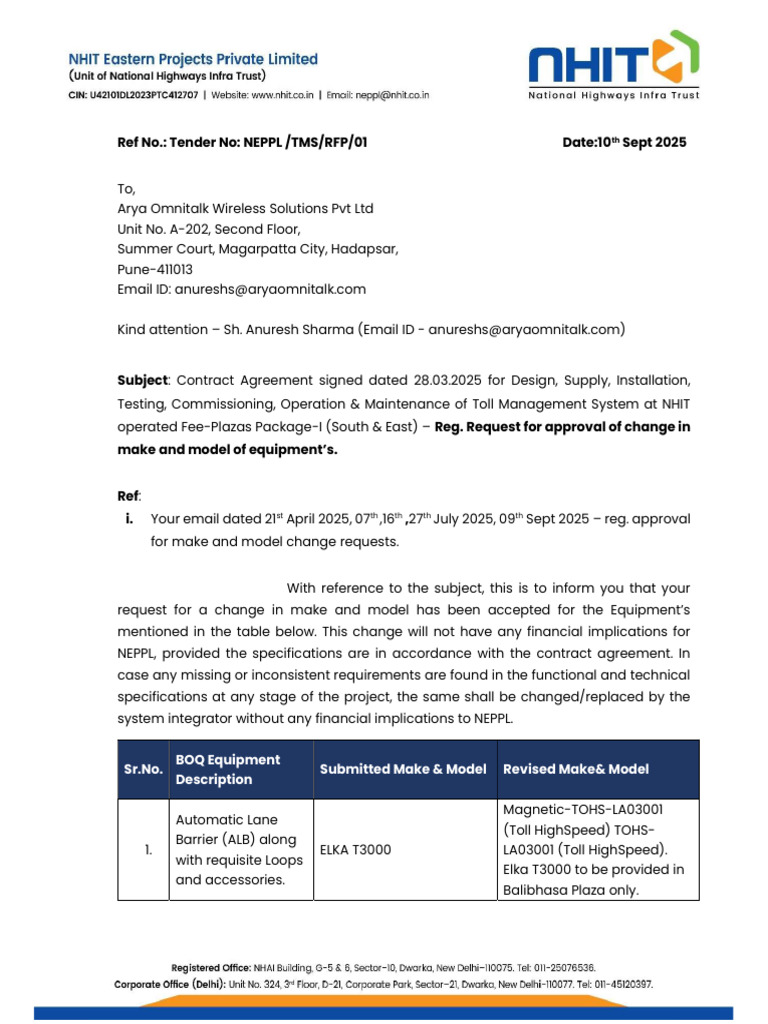 Arya-NEPPL_change Request Approval Letter_10.09.25 | PDF | Computing