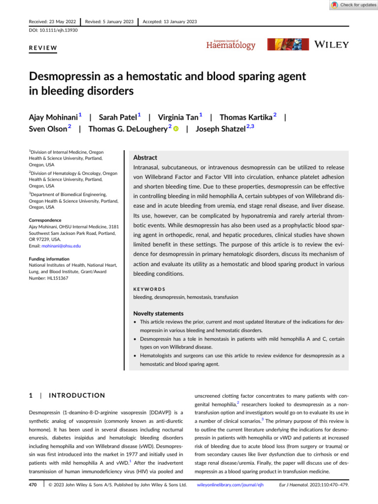 Desmopressin as a Hemostatic and Blood Sparing Agent in Bleeding ...