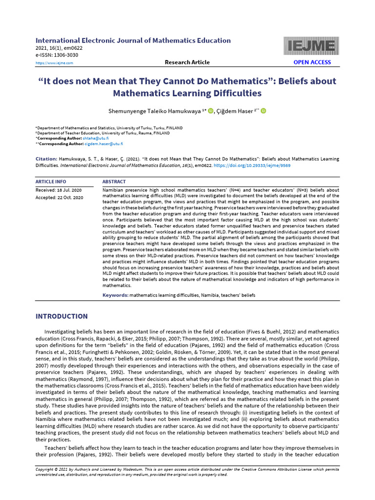 It Does Not Mean That They Cannot Do Mathematics Beliefs About ...