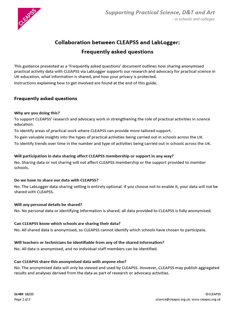 GL489 Collaboration Between CLEAPSS and LabLogger FAQ | PDF | Faq ...