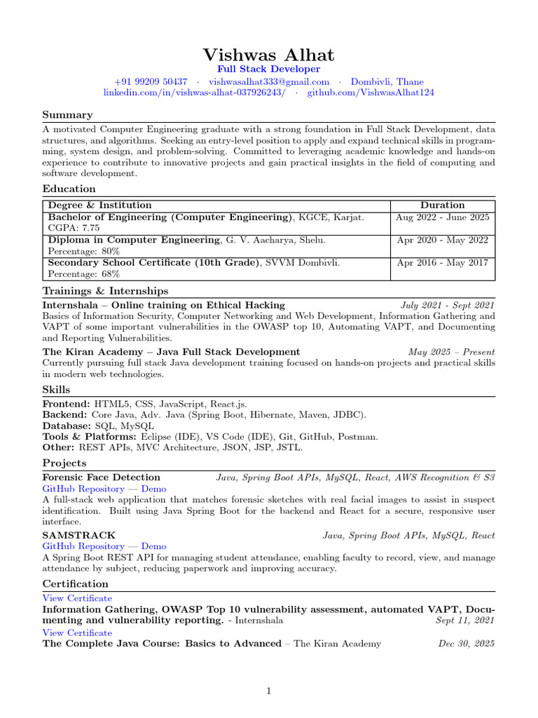 Vishwas Alhat Resume | PDF | Java (Programming Language) | My Sql