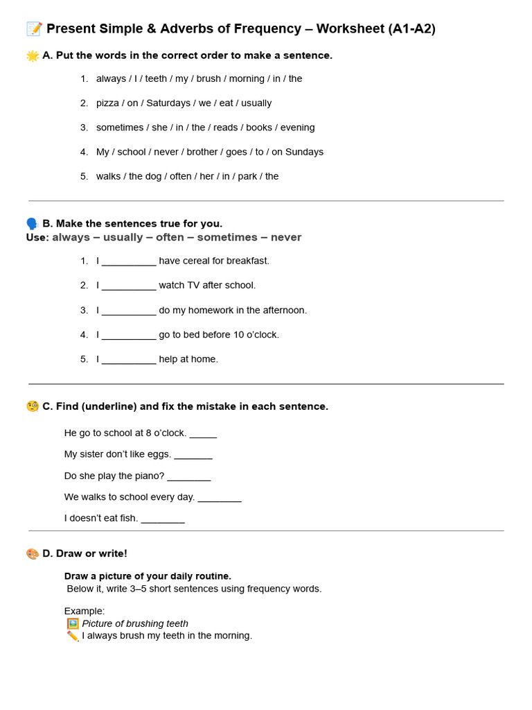 ? Present Simple & Adverbs of Frequency Worksheet (A1-A2) | PDF