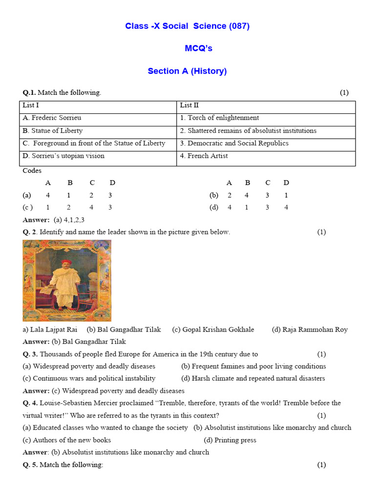Class 10 Sst-History MCQ's 2025-26 | PDF