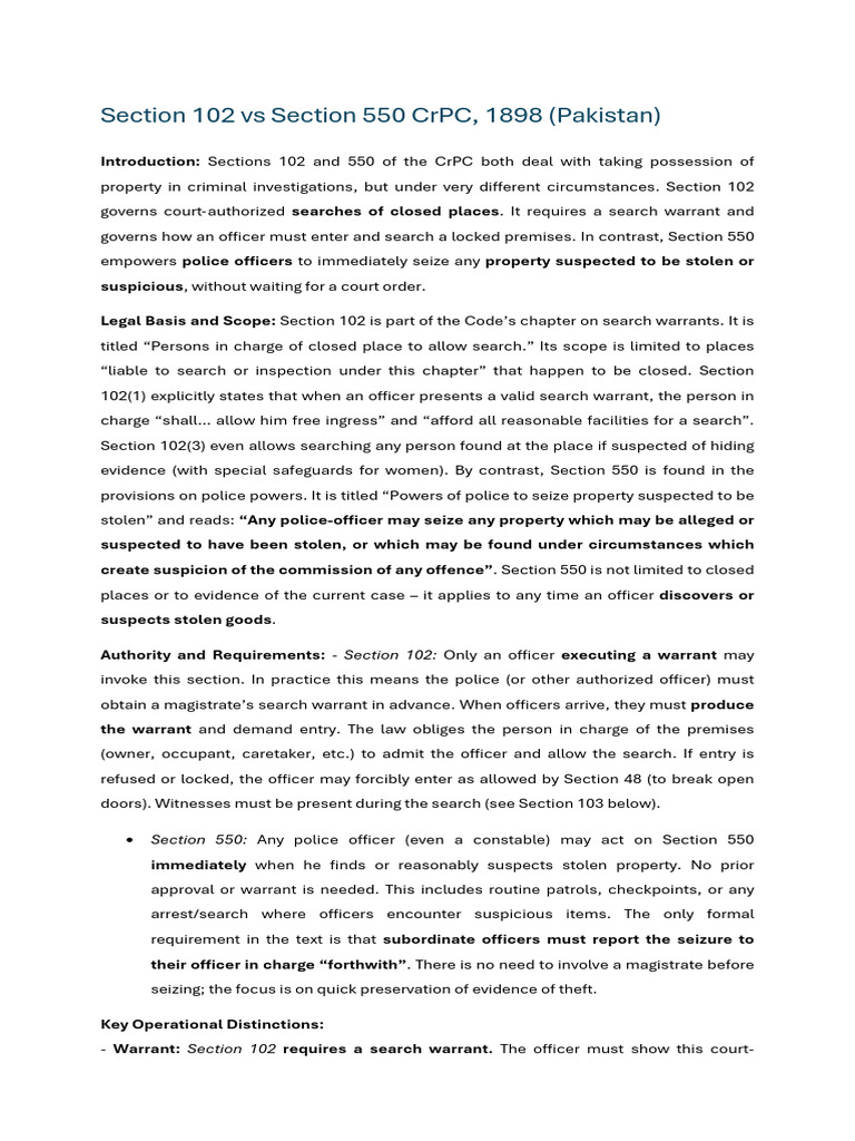 Section 102 Vs Section 550 CRPC, 1898 (Pakistan) | PDF | Search Warrant ...