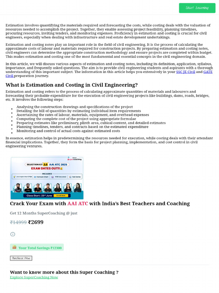 Estimation and Costing Notes - Download Subject Notes & Free PDF For AE ...