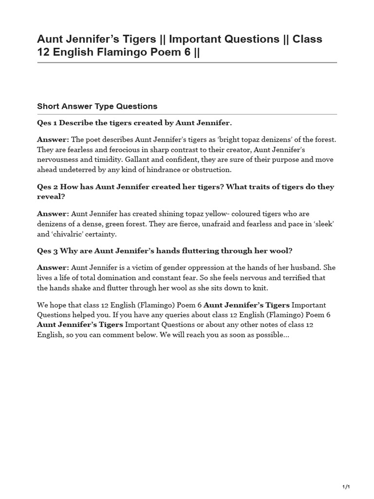 Class 12 Poem 6 English Flamingo AUNT JENNIFER's TIGERS | PDF