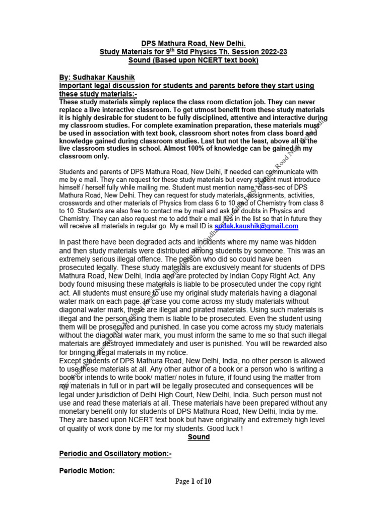 Sound Oscillations Waves Study Materials Class 9 Physics | PDF | Waves ...