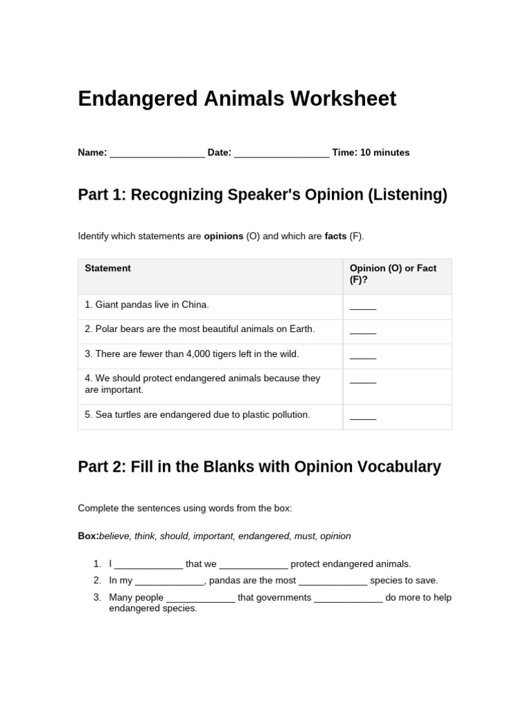 Endangered Animals Worksheet - Grade 8 (A2) | PDF