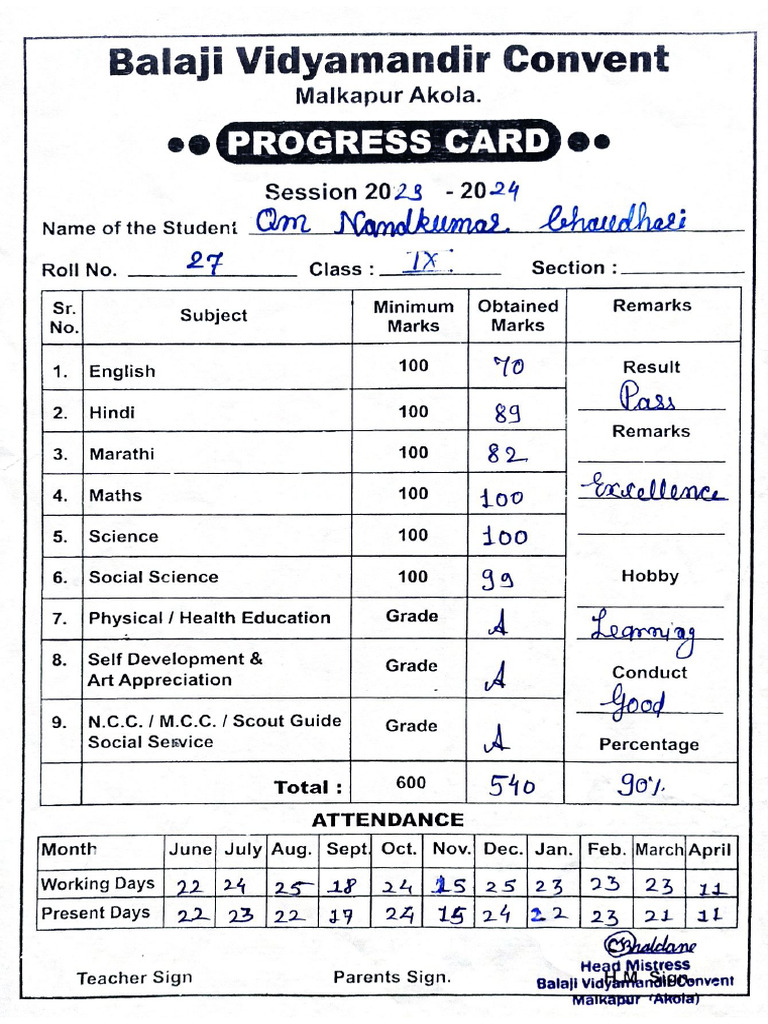 9th Mark Sheet | PDF
