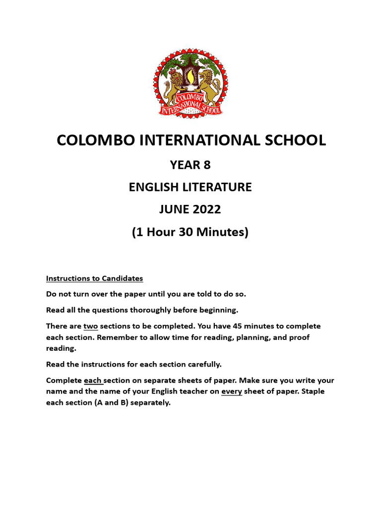 English Literature - Year 8 June 2022 | PDF
