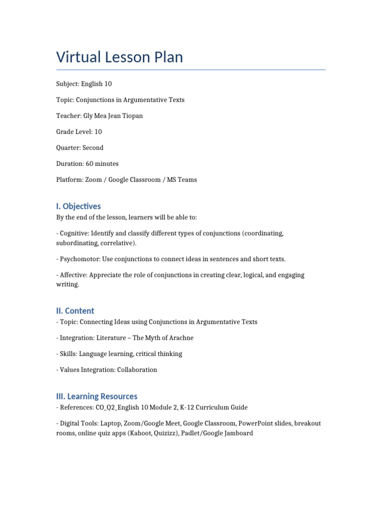 Virtual Lesson Plan English10 Conjunctions | PDF | Learning | Lesson Plan