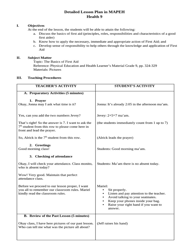 Detailed Lesson Plan For COT 3 | PDF | First Aid | Lesson Plan