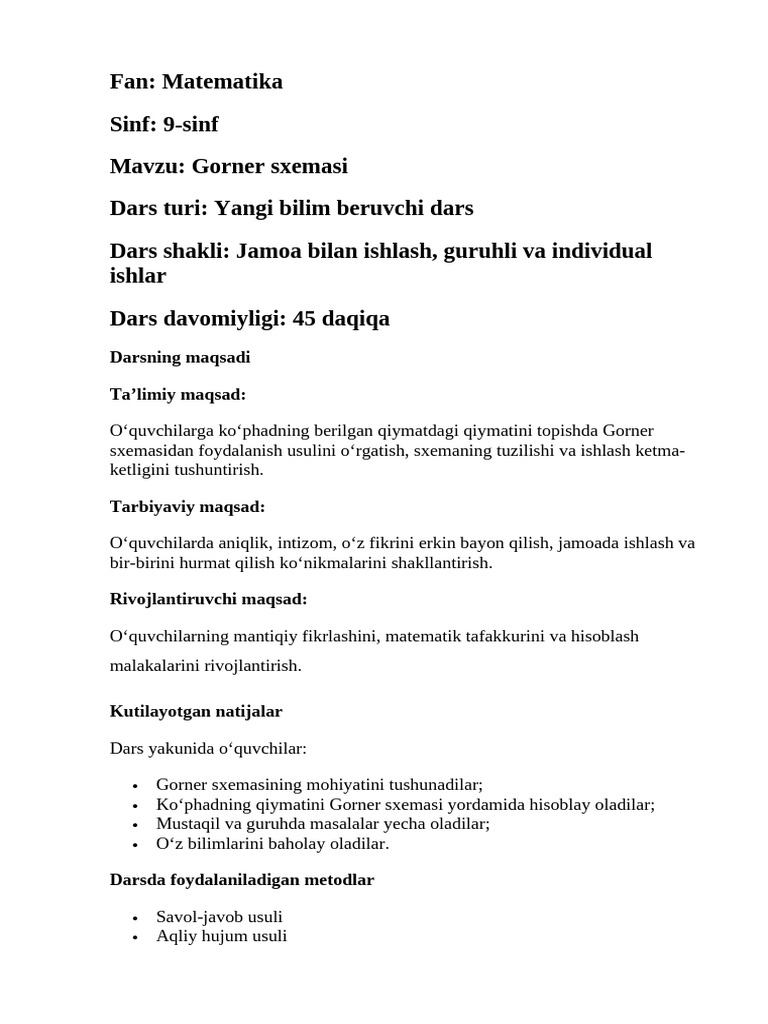 Ochiq Dars Ishlanmasi | PDF