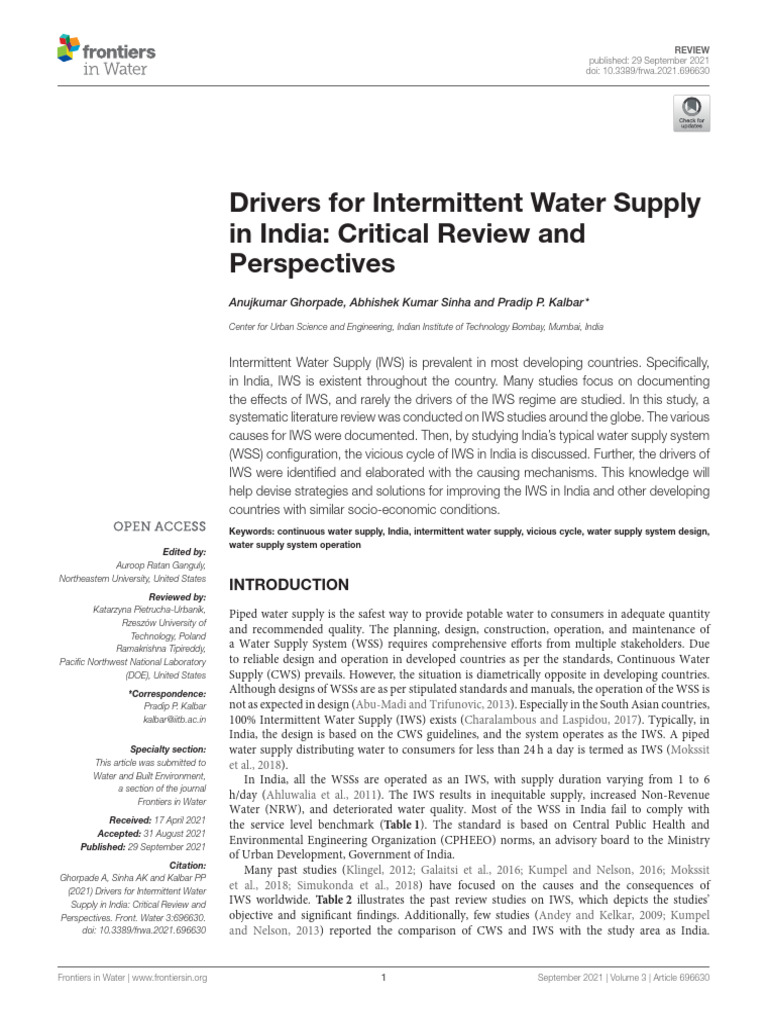 Drivers For Intermittent Water Supply in India - Critical Review and ...