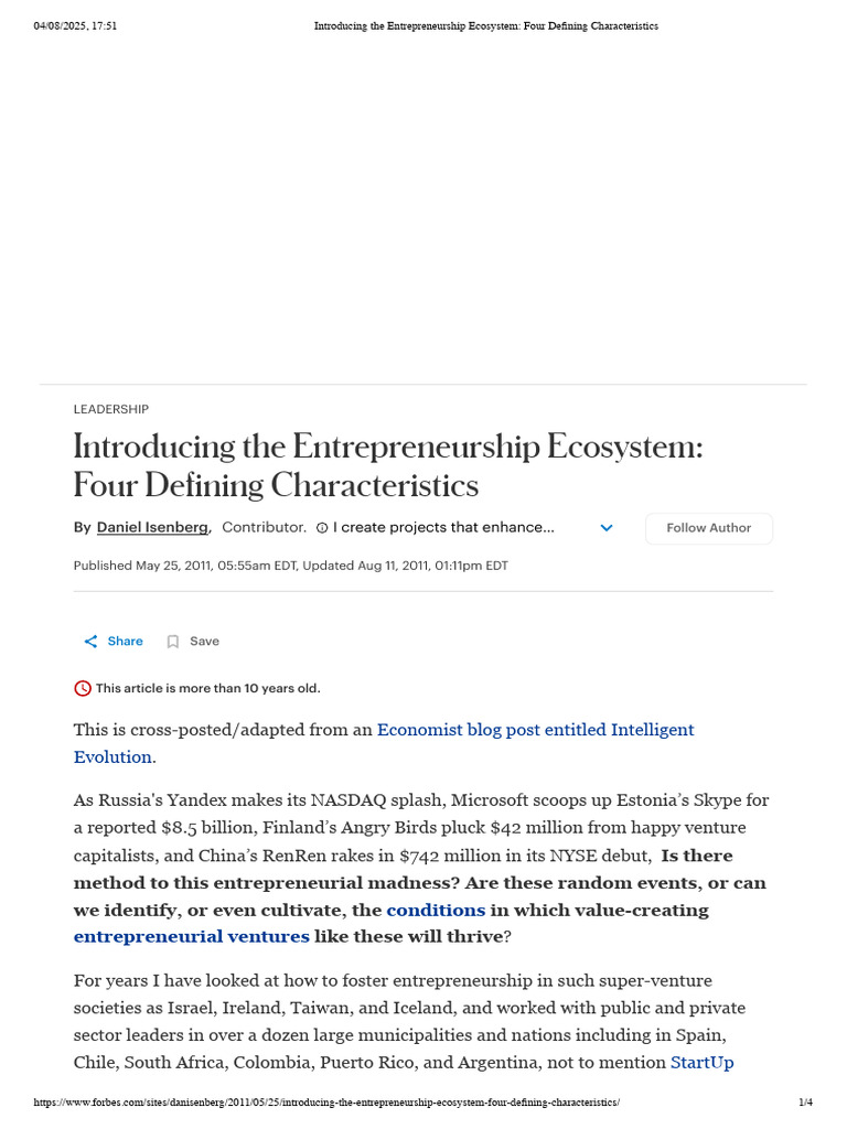 Introducing The Entrepreneurship Ecosystem - Four Defining ...
