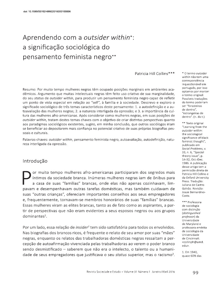 Aprendendo Com a Outsider Within,A Significação Sociológica Do ...