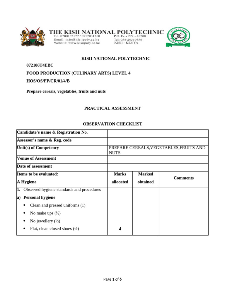 Observation Checklist Prepare Food Accompaniments Level 55 | PDF ...
