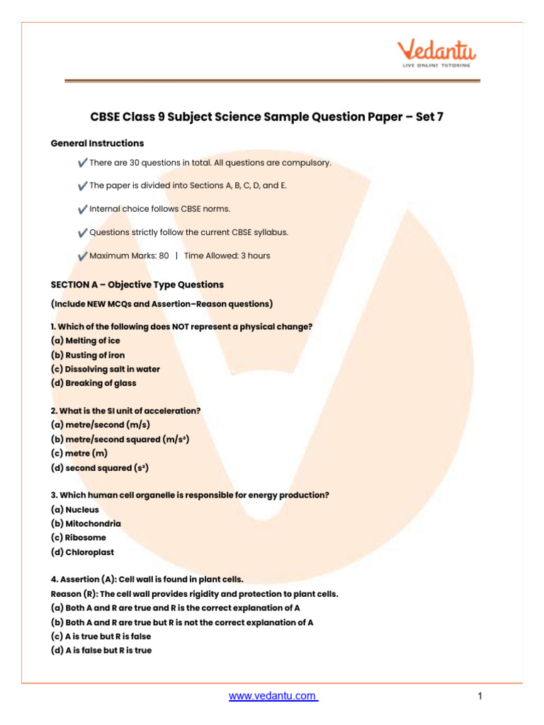 CBSE Class 9 Science Sample Paper 2025-26 - Mock Paper 7 PDF | PDF ...