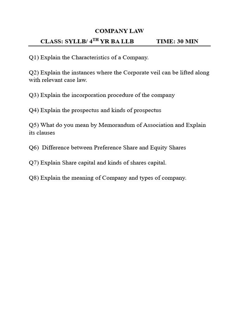 Company Law Class Test Ay 25-26 Final | PDF