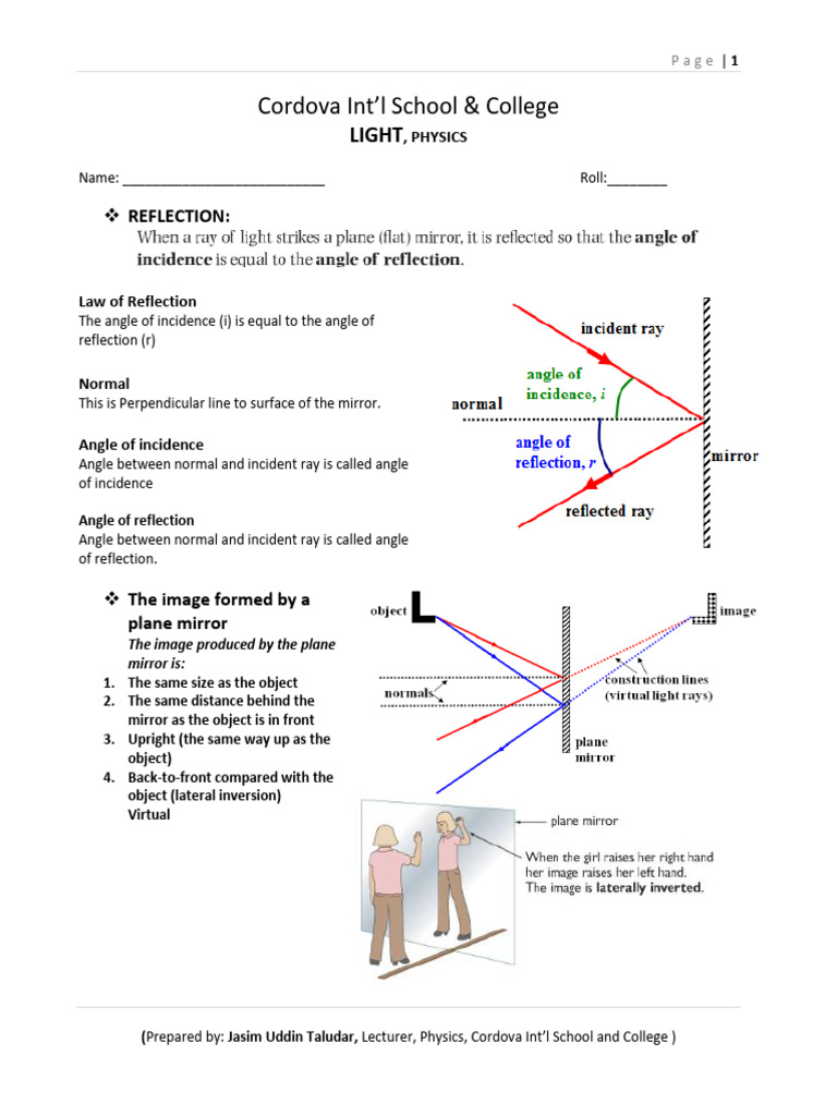 13. Light Handout | PDF | Refraction | Reflection (Physics)
