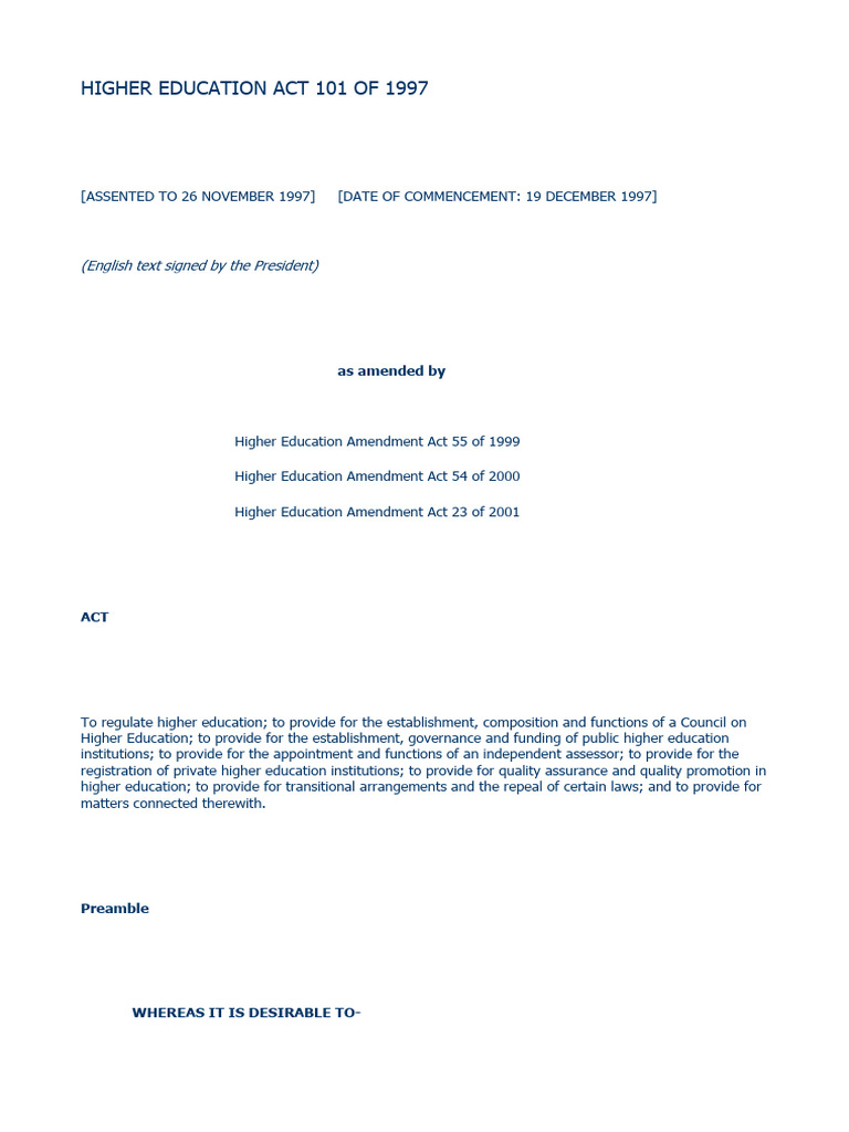 Higher Education Act 101 of 1997 | PDF | Expense | Governance