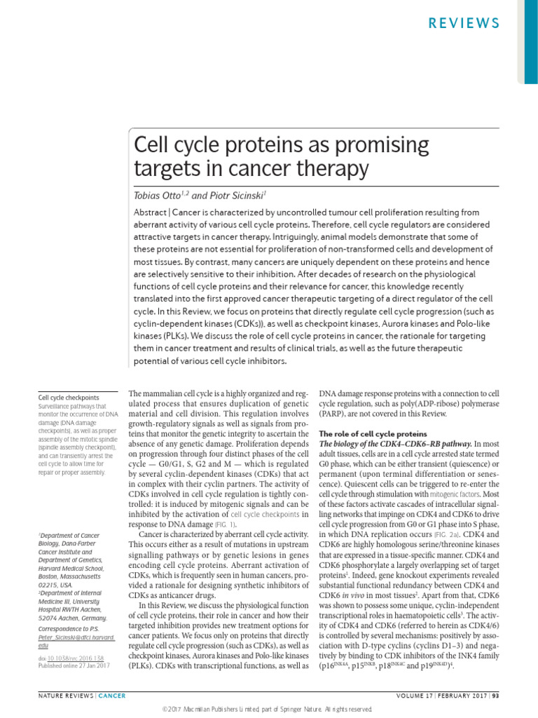 Cell Cycle Proteins as Promising Targets in Cancer Therapy. 2017 | PDF ...