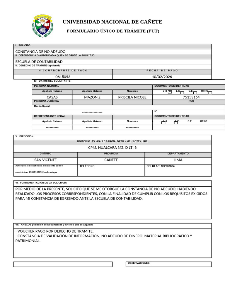 Formulario Unico de Tramite - Priscila Nicole Casas Mazoniz | PDF ...