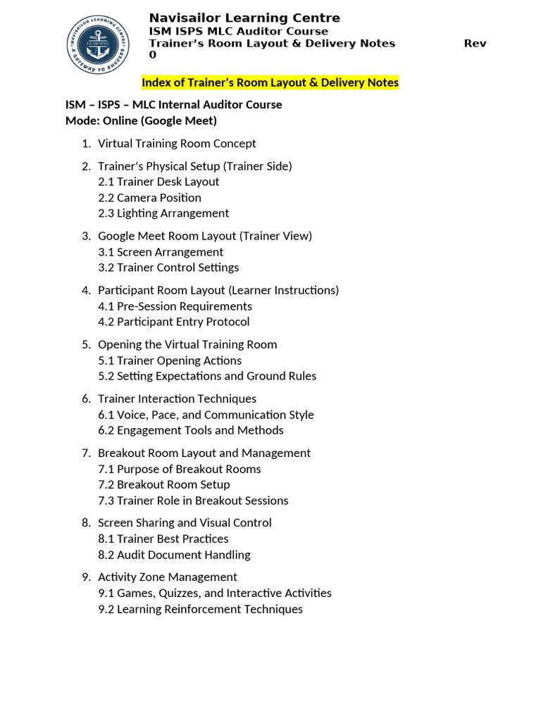 Trainer's Room Layout & Delivery Notes | PDF | Classroom | Audit