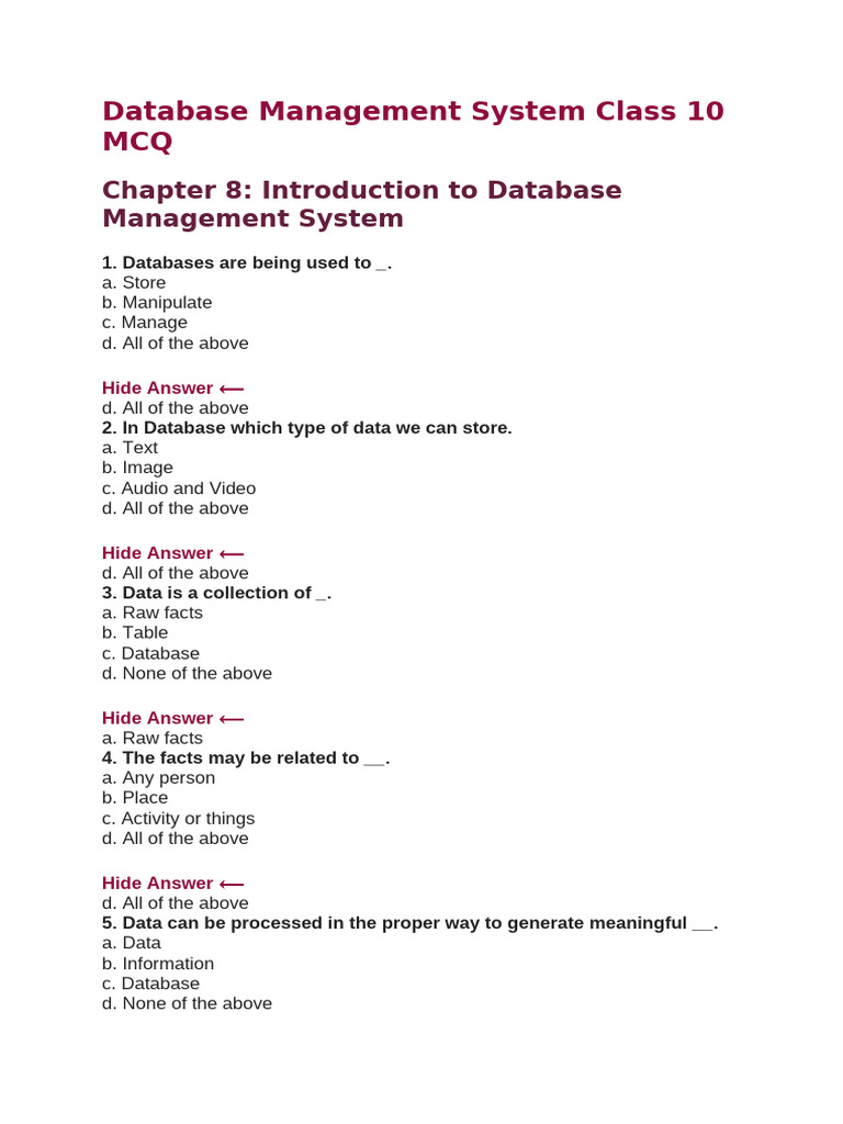 CH 8-13 Database Management System Class 10 MCQ | PDF | Relational ...