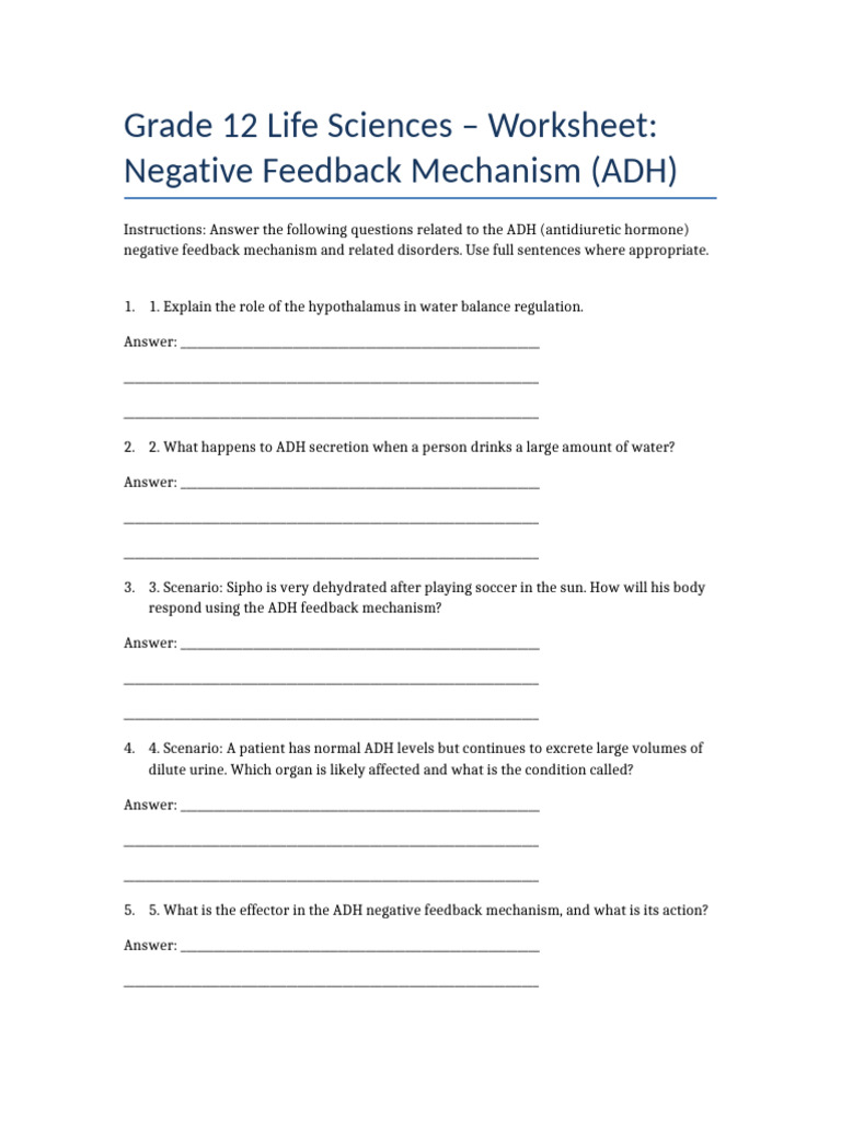 ADH Negative Feedback Worksheet | PDF | Negative Feedback | Feedback