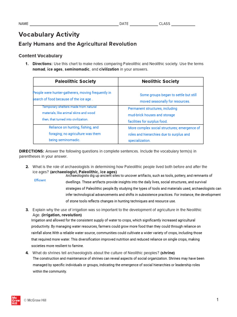 WYATT Hill - WH- 1.5 Vocabulary Activity- Early Humans and the ...