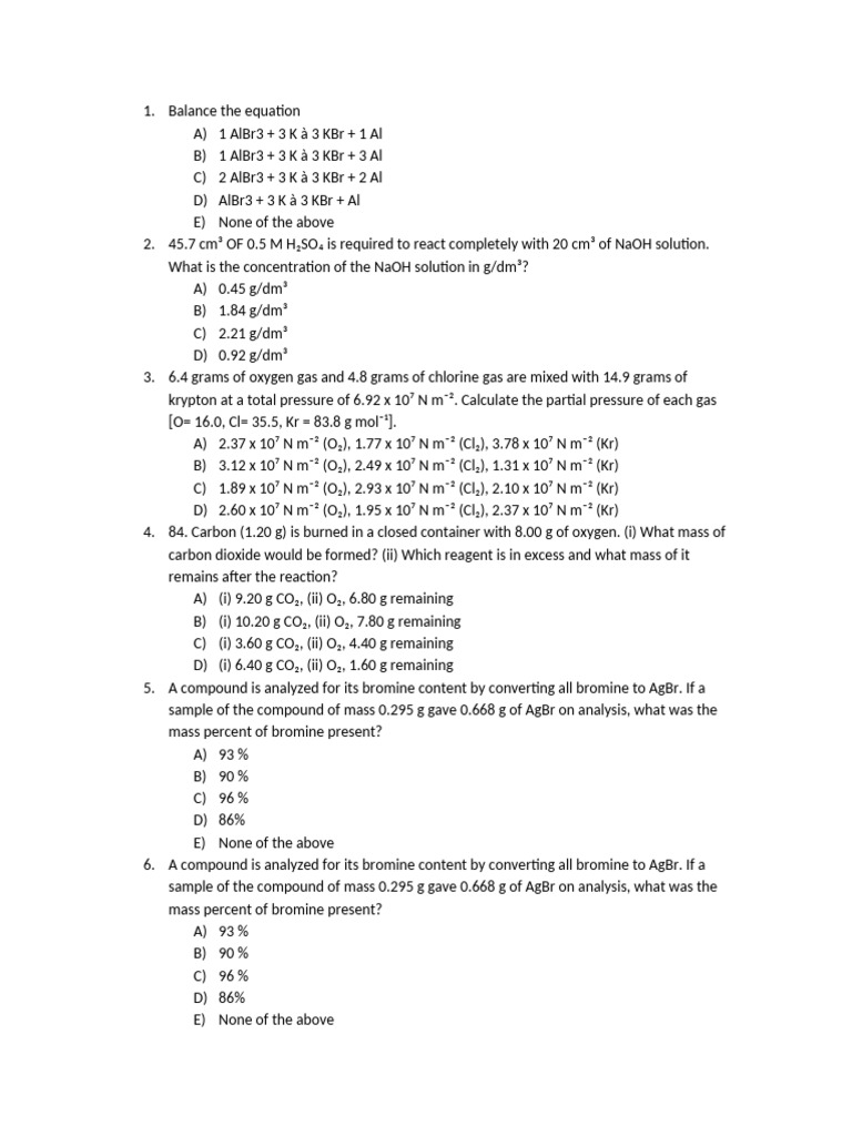 Tutorial Questions CHM 101 Full | PDF | Atoms | Gases