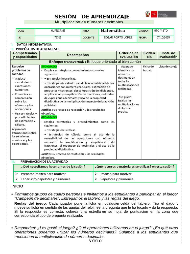 07_DE_OCTUBRE-MAT-Multiplicación_de_números_decimales-_V_CICLO[1] | PDF ...