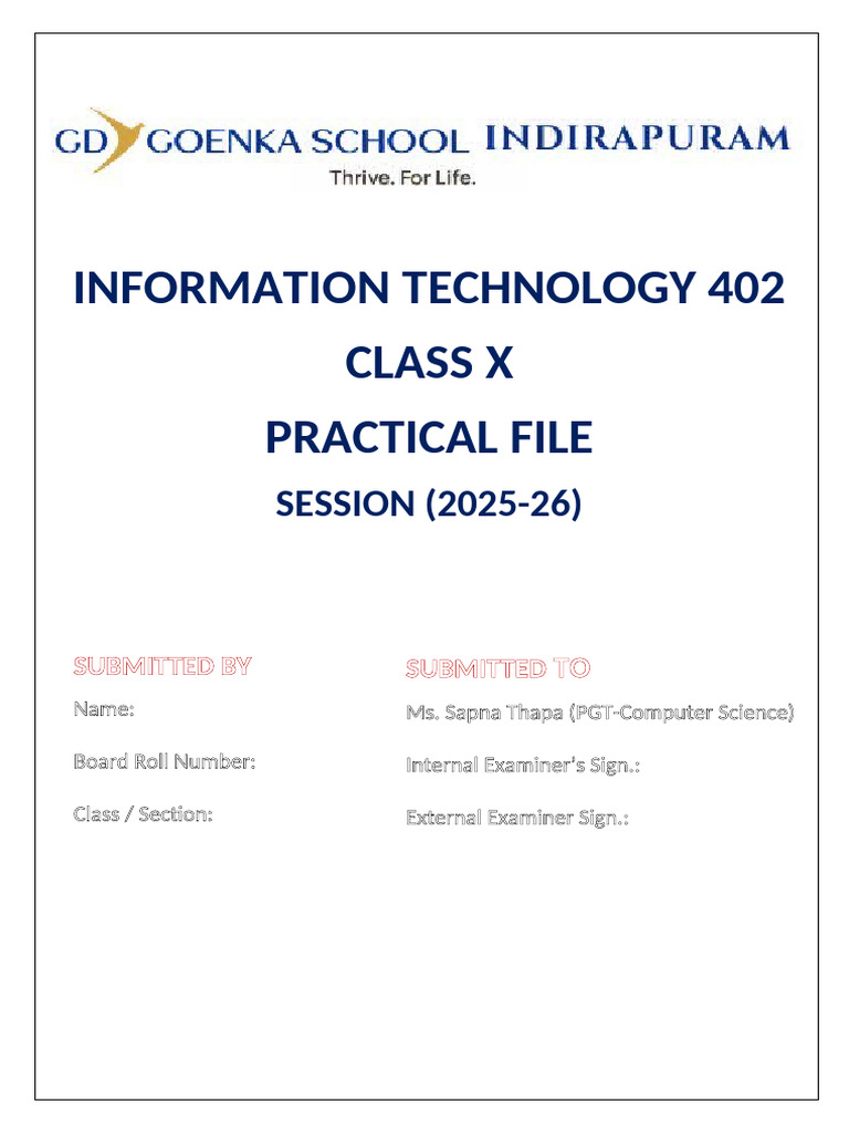 Practical File Cover Page Class-x It 402 | PDF