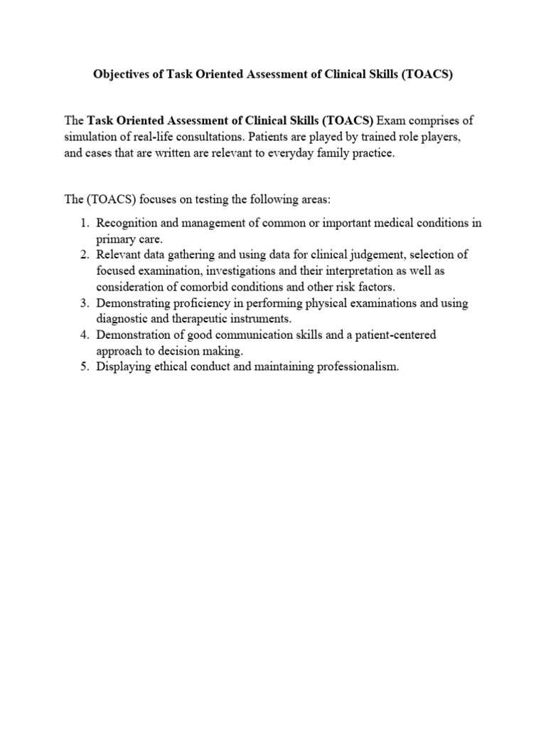 Objectives of Task Oriented Assessment of Clinical Skills | PDF