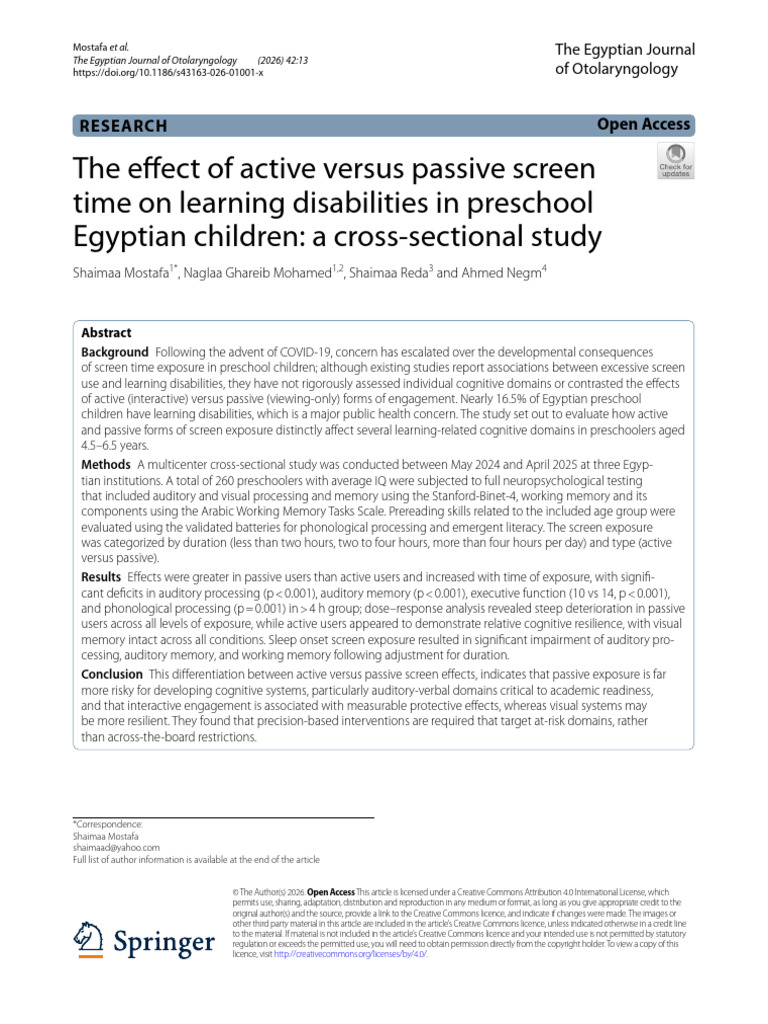 The Effect of Active Versus Passive Screen Time On | PDF | Learning ...